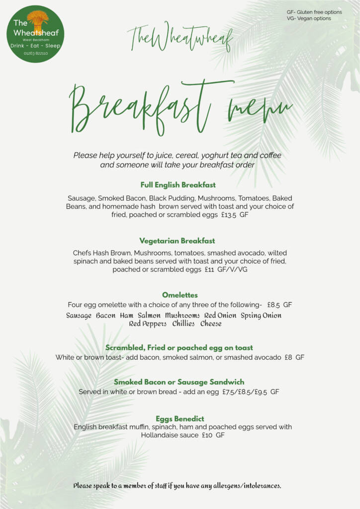 Breakfast Menu - The Wheatsheaf West Beckham