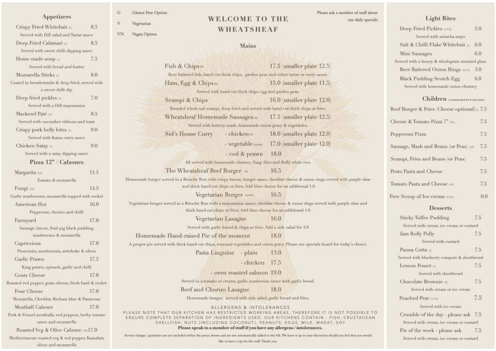 Menu - The Wheatsheaf West Beckham