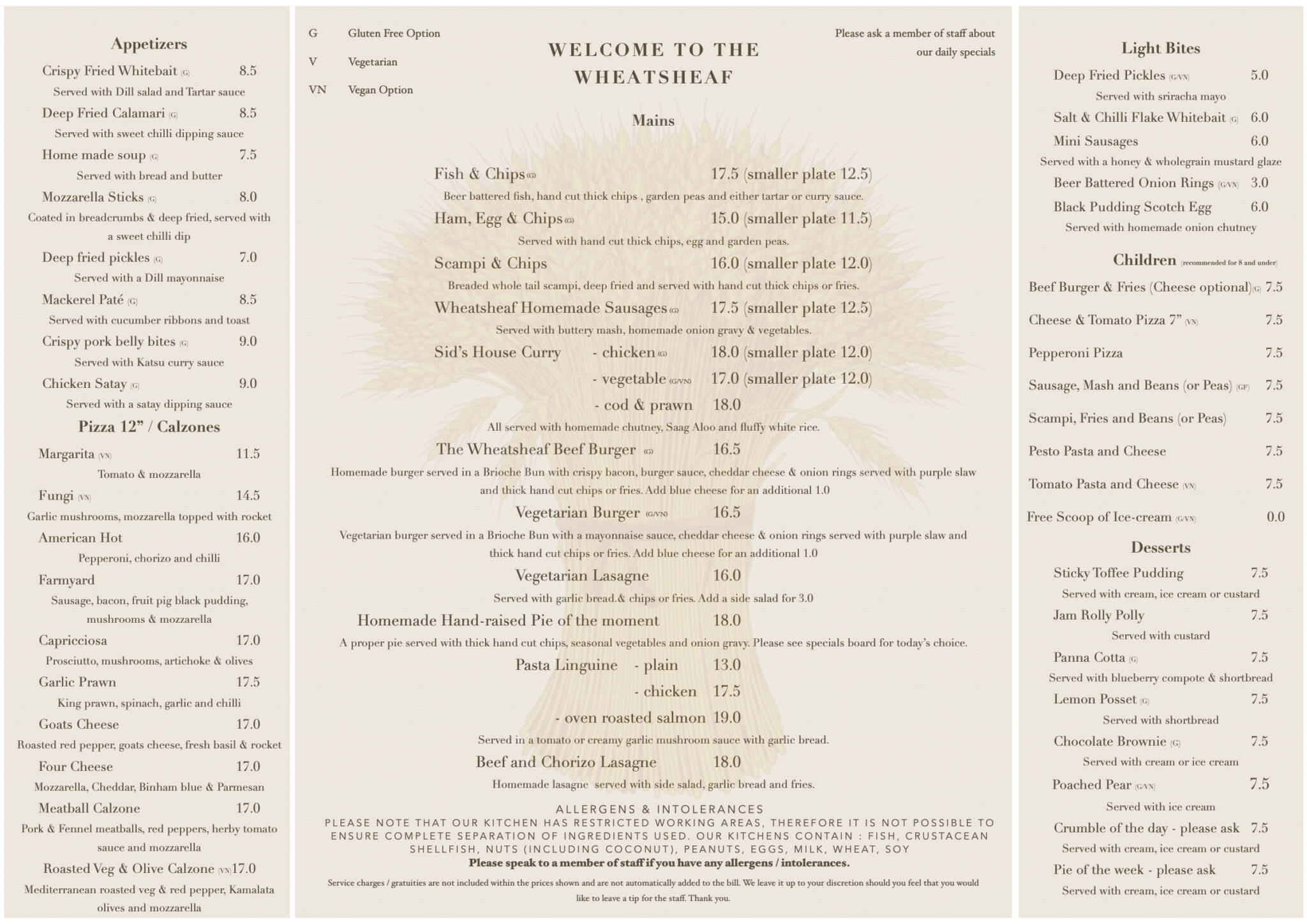 Menu - The Wheatsheaf West Beckham