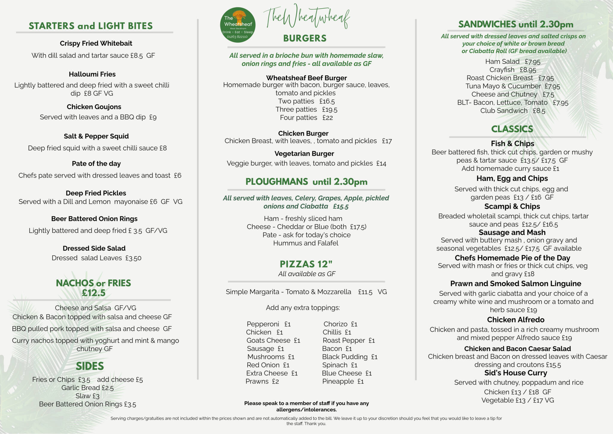 Menu - The Wheatsheaf West Beckham