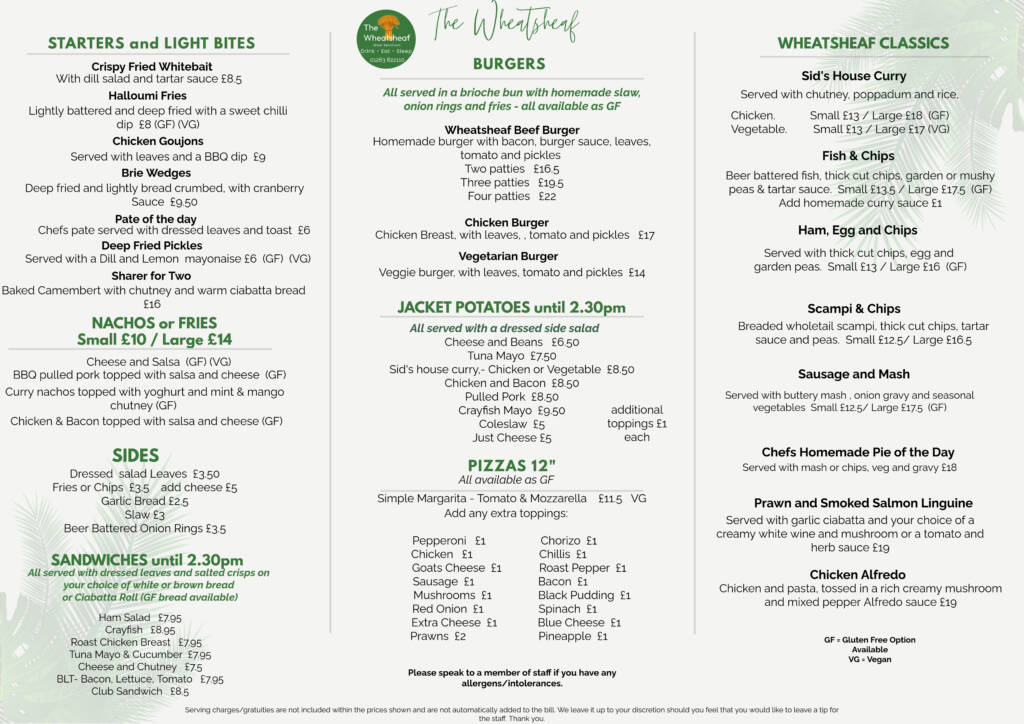 Menu - The Wheatsheaf West Beckham