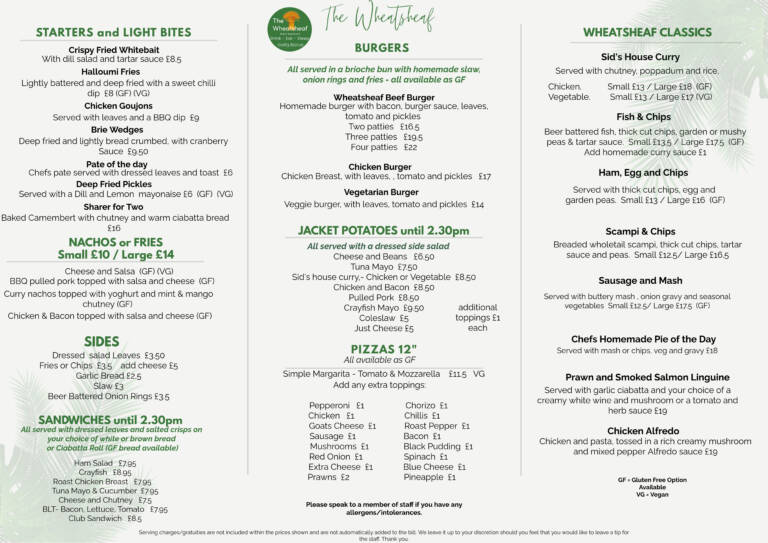 Menu - The Wheatsheaf West Beckham