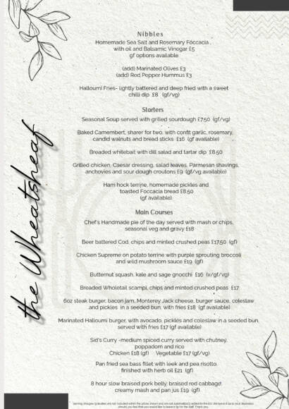 Menu - The Wheatsheaf West Beckham