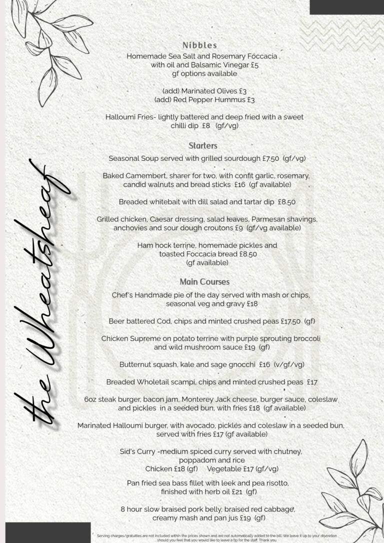 Menu - The Wheatsheaf West Beckham