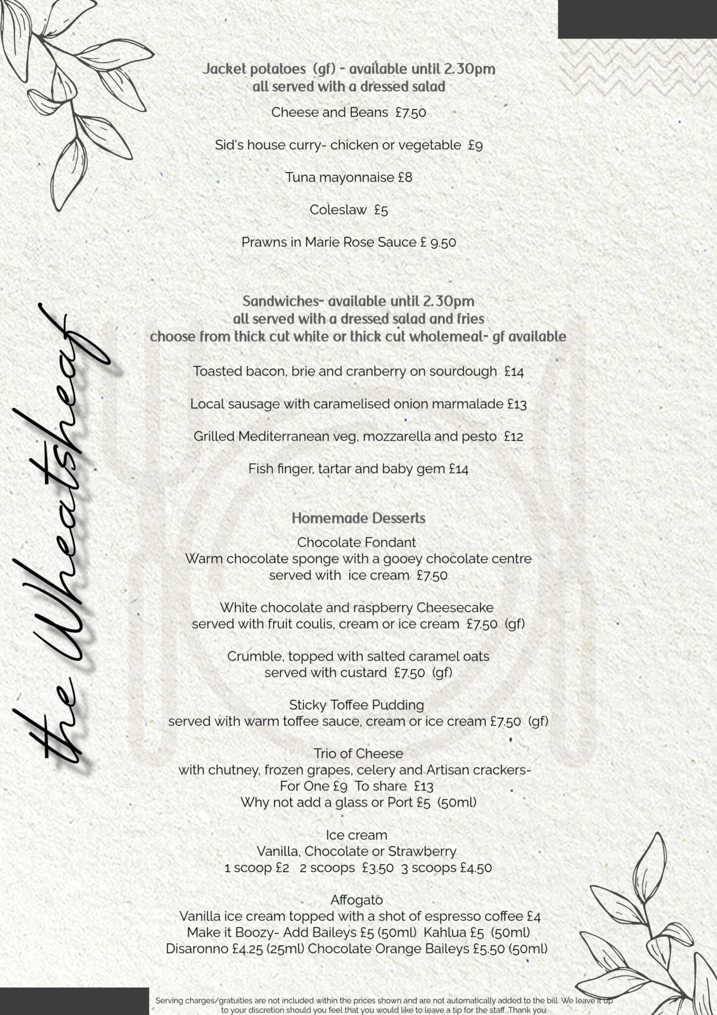 Menu - The Wheatsheaf West Beckham
