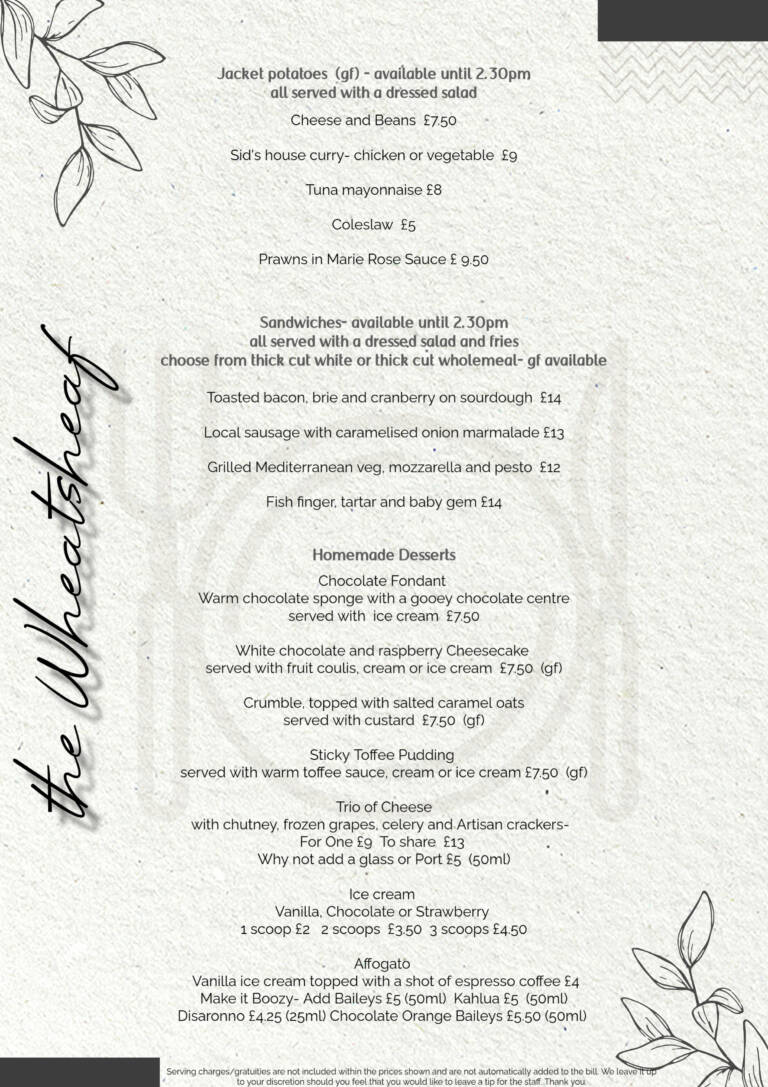 Menu - The Wheatsheaf West Beckham