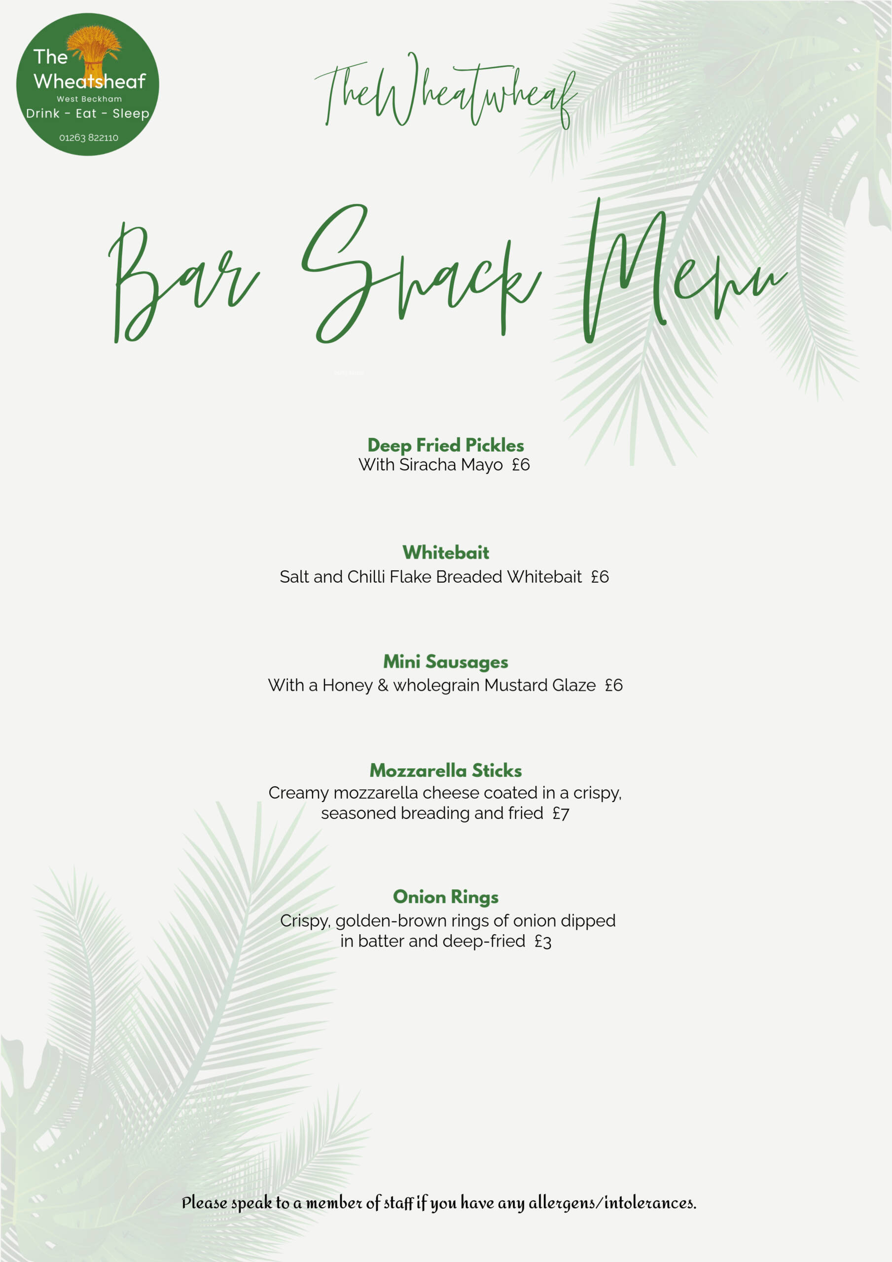 Bar Snack Menu - The Wheatsheaf West Beckham