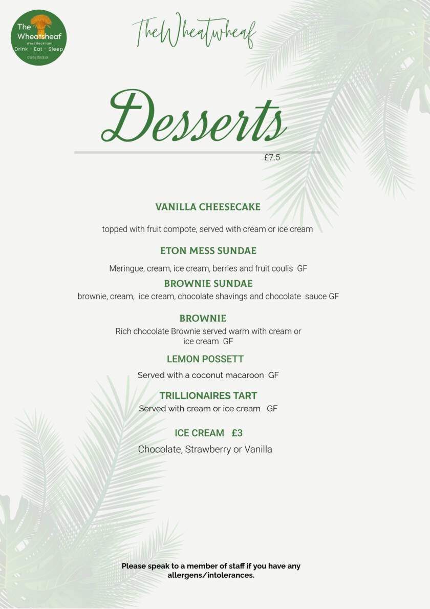 Dessert Menu - The Wheatsheaf West Beckham